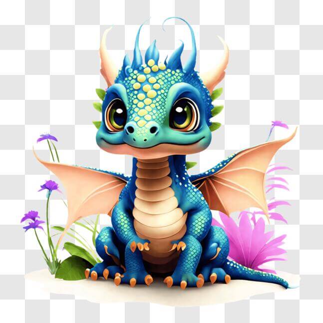 Download Friendly Blue Dragon Sitting Among Flowers PNGs Online ...