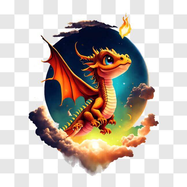 Download Small Orange Dragon Flying in the Clouds with Wings Spread Out ...