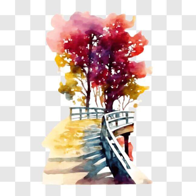 Download Autumn-colored Bridge and Trees with Walking Path Watercolor ...