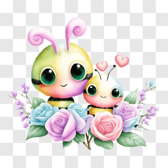 Download Two Cute Bees with Colorful Flowers PNGs Online - Creative Fabrica