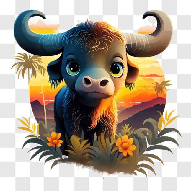 Download Cartoon Baby Buffalo in Grassy Area with Flowers PNGs Online ...