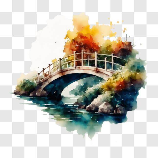 Download Watercolor Painting of Old Bridge with Autumn Leaves and ...