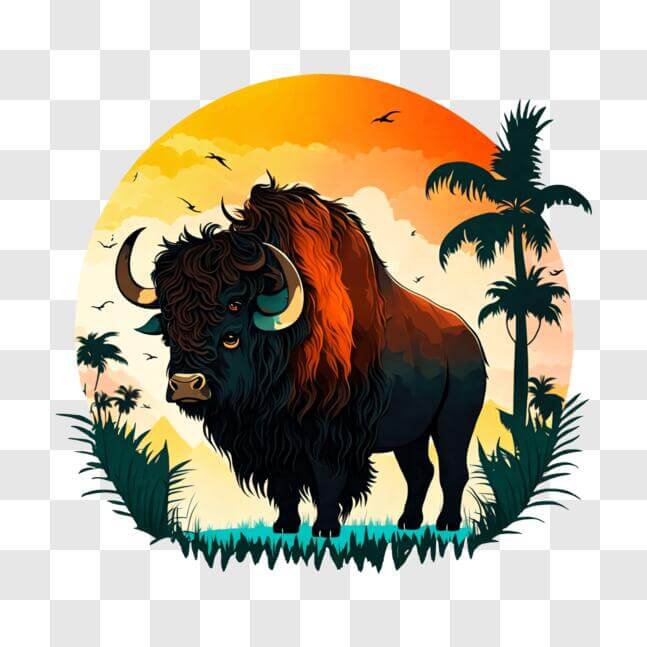 Download Bison in a Grass Field with Palm Trees and Sunset PNGs Online ...