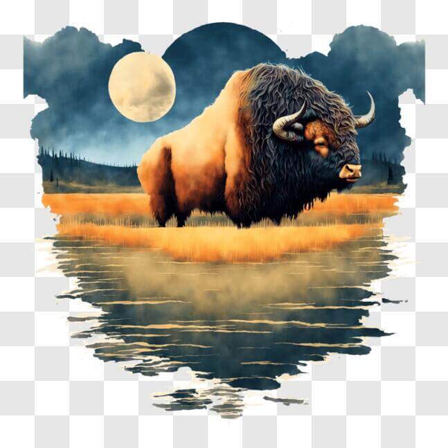 Download Bison in Grass Field with Full Moon PNGs Online - Creative Fabrica