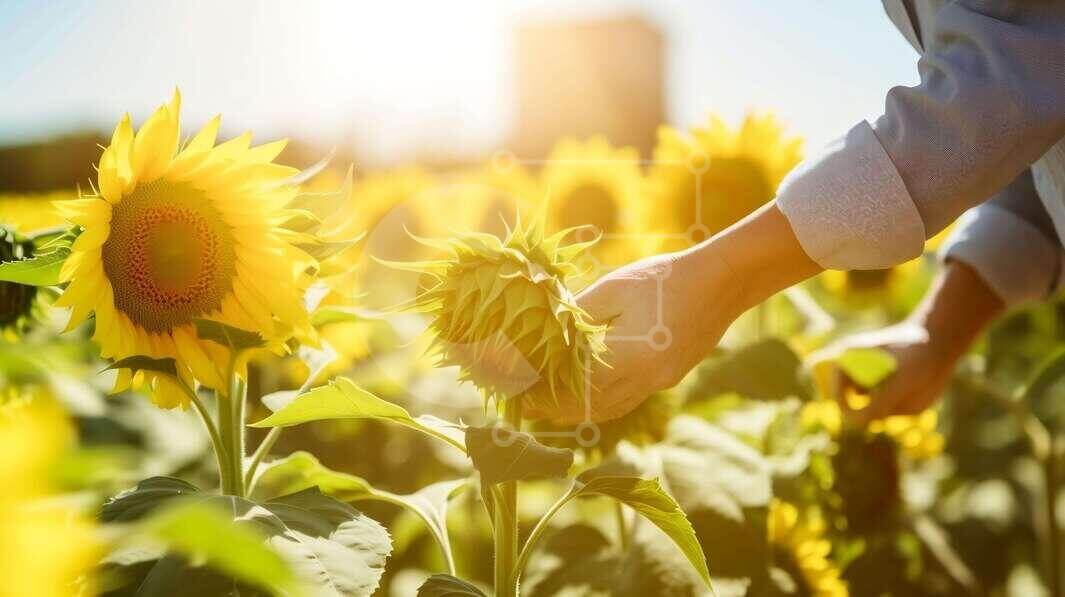 Harvesting Sunflowers in a Bright Sunny Day stock photo | Creative Fabrica