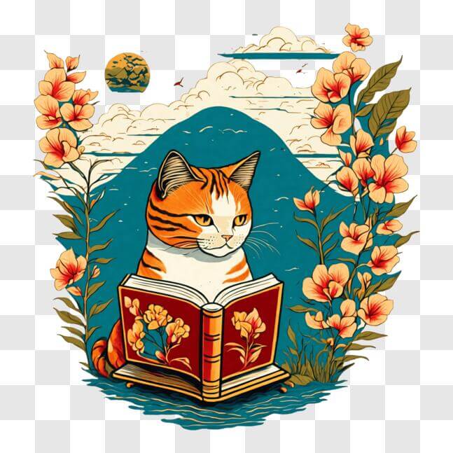 Download Cat Reading a Book Surrounded by Flowers PNGs Online ...