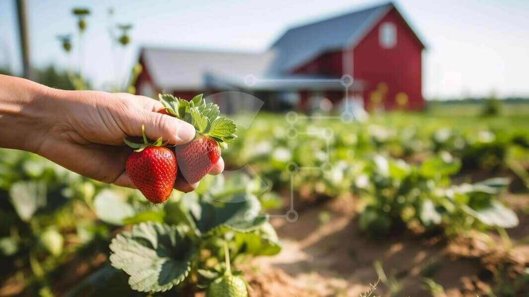 Freshly picked strawberries in a scenic farm stock photo | Creative Fabrica