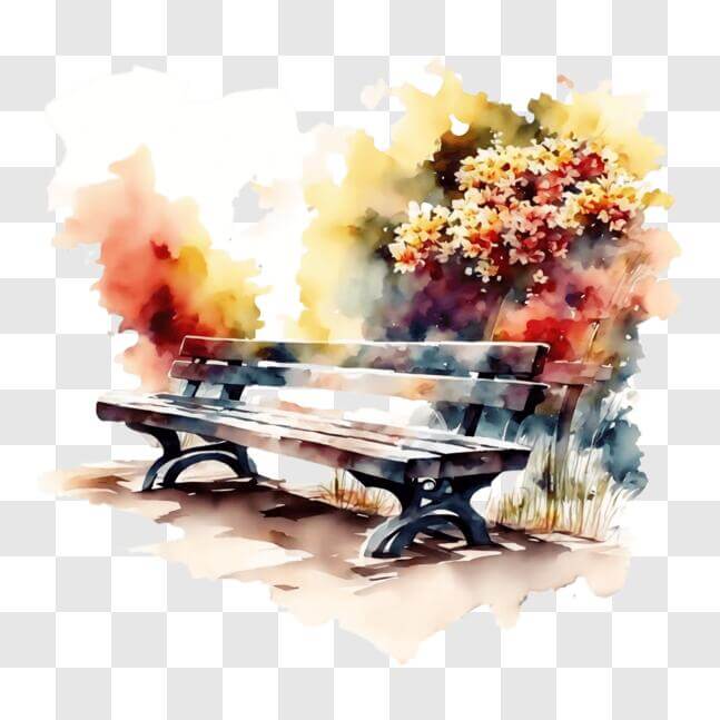 Download Watercolor Painting of Park Bench and Colorful Flowers PNGs ...