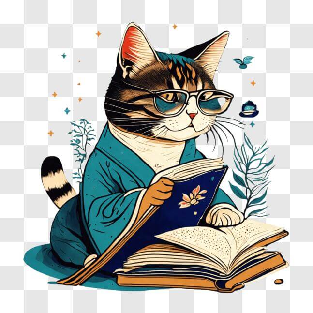 Download Cat Studying with Glasses and Open Book PNGs Online - Creative ...