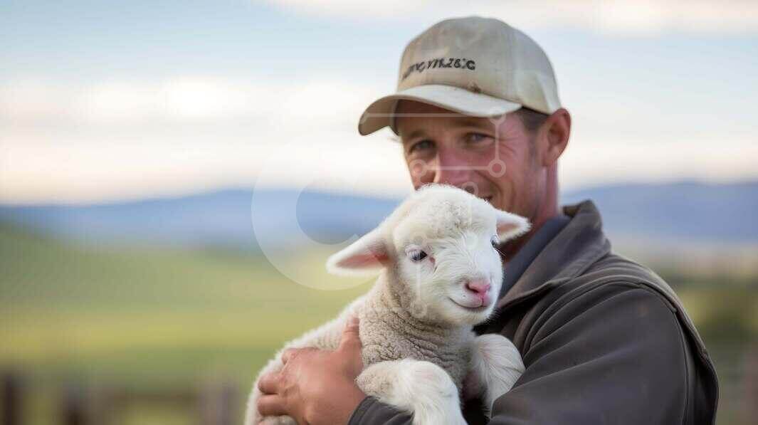 Man with Lamb in a Farm Setting stock photo | Creative Fabrica