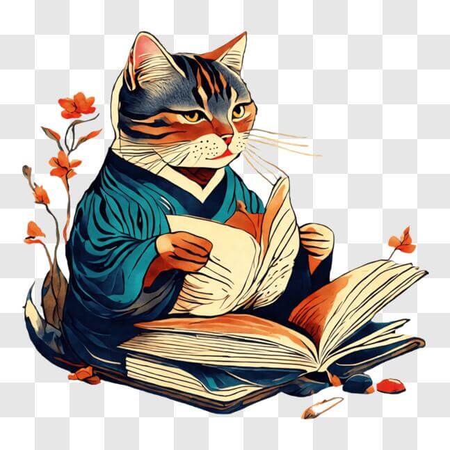 Download Cat Reading a Book with Scissors PNGs Online - Creative Fabrica