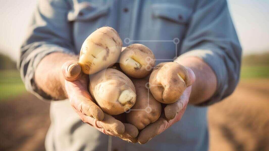 Man Holding Potatoes in His Hands stock photo | Creative Fabrica