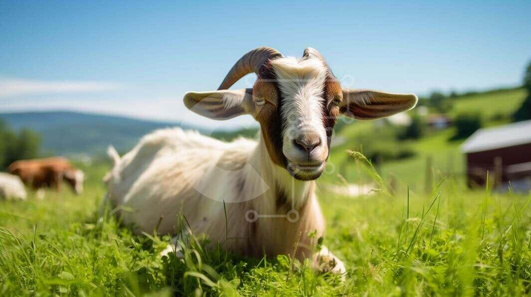 Adorable White and Brown Goat in Peaceful Surroundings stock photo | Creative Fabrica
