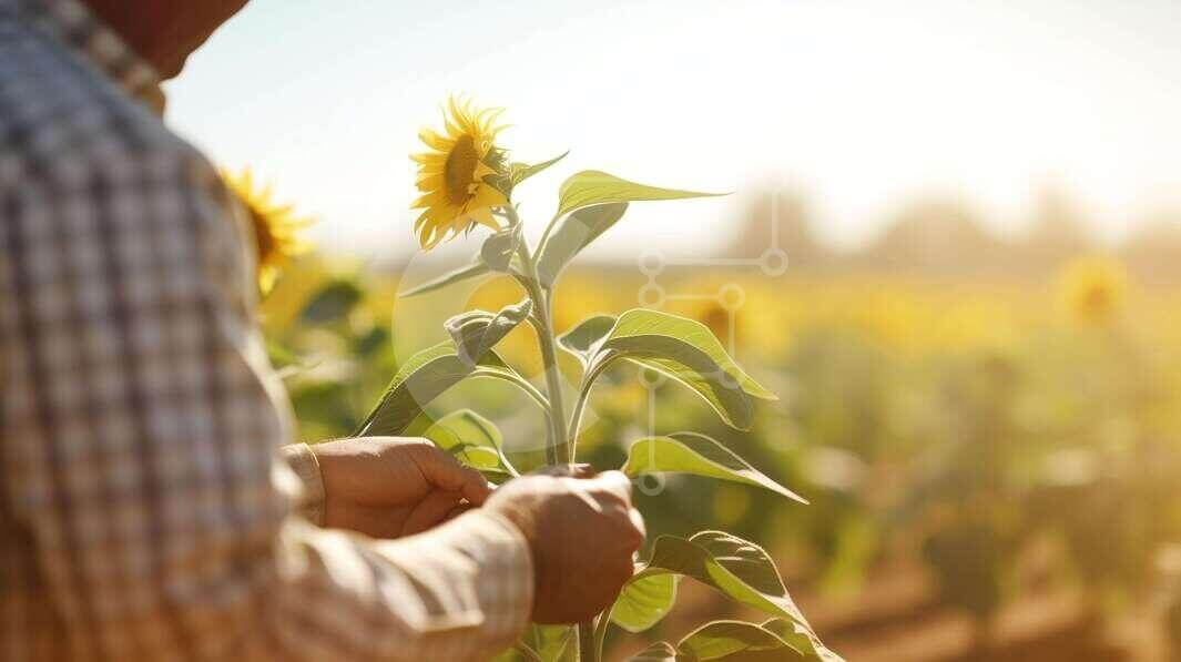 Man tending to sunflowers in a beautiful agricultural field stock photo ...