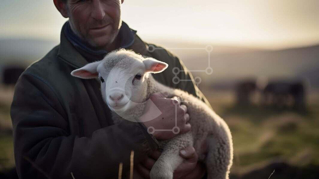 Man with a Small Lamb on a Farm stock photo | Creative Fabrica