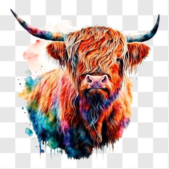 Download Colorful Highland Cow with Long Horns PNGs Online - Creative ...