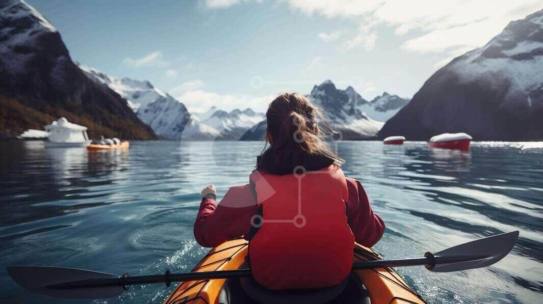 Woman Kayaking on a Serene Lake stock photo | Creative Fabrica