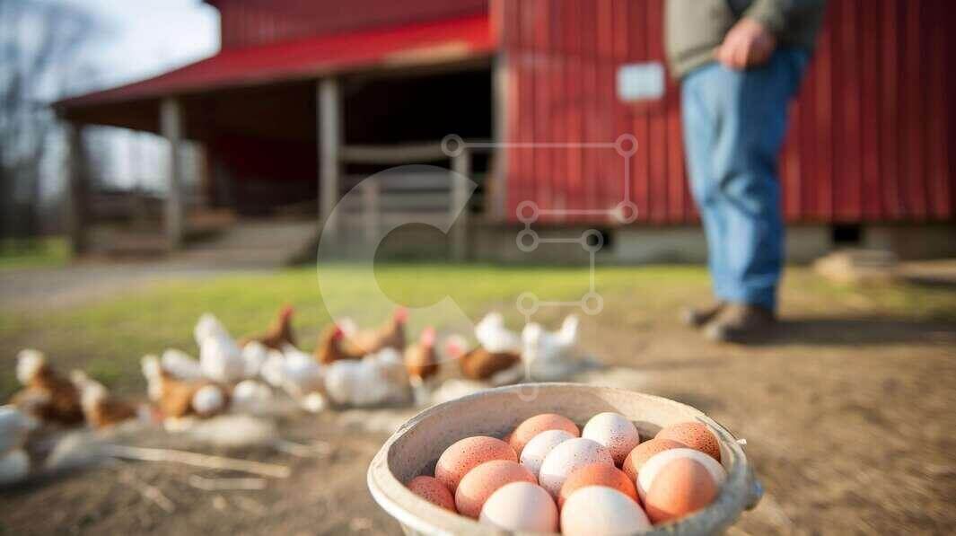 Man with chickens and eggs on a farm stock photo | Creative Fabrica