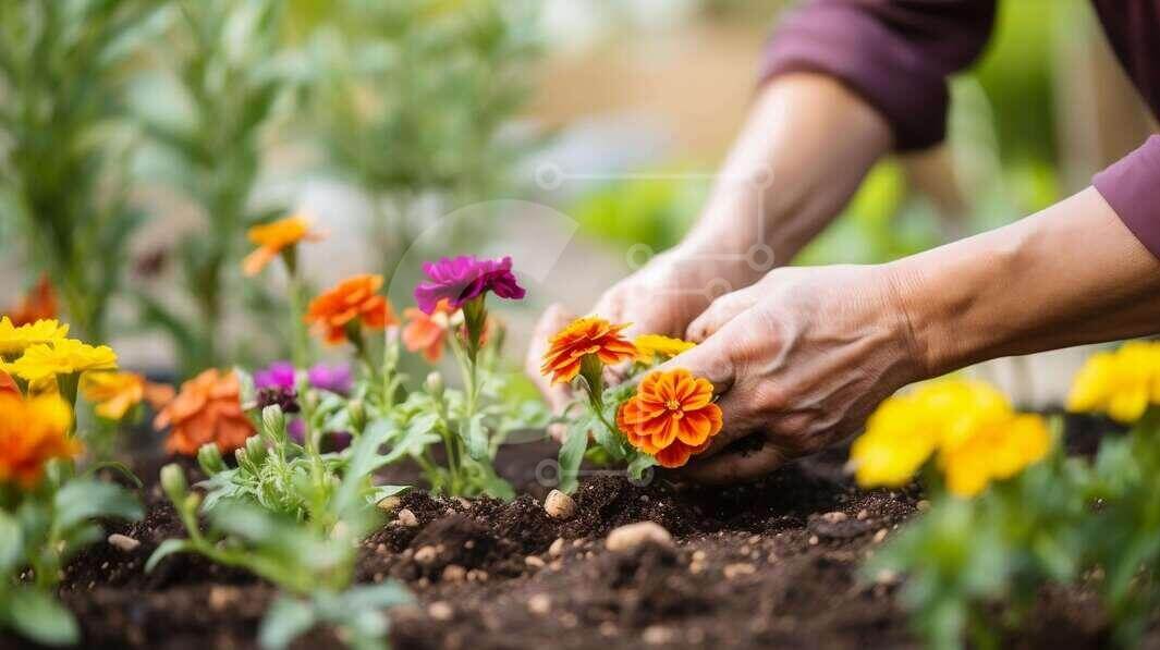 Gardening: Planting Flowers in a Beautiful Garden stock photo ...