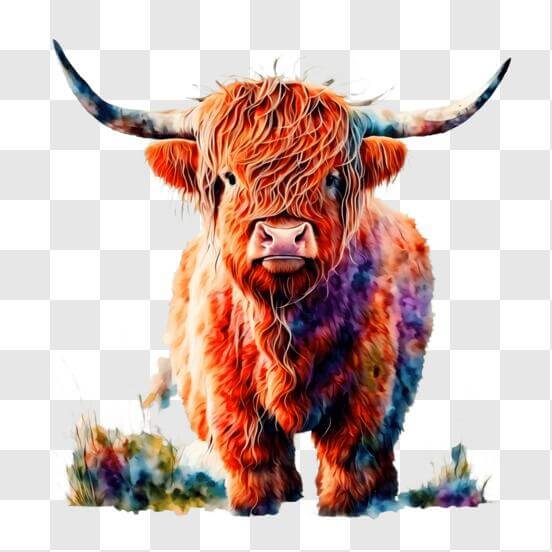 Download Colorful Highland Cow with Long Horns PNGs Online - Creative ...