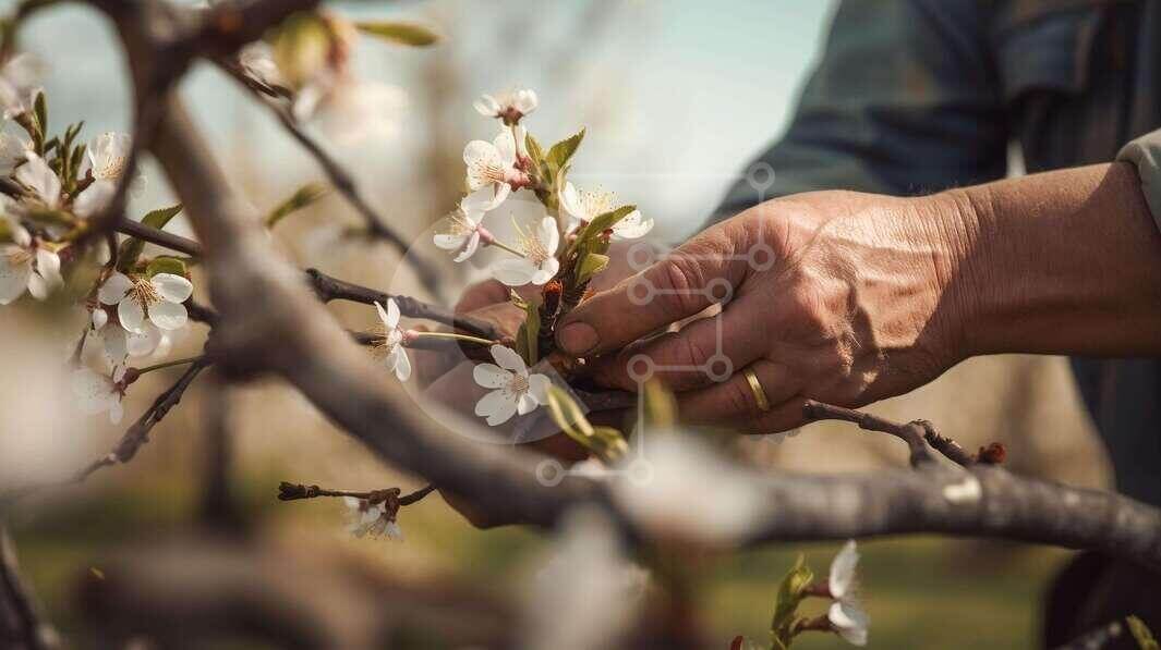 Person working on almond tree branch stock photo | Creative Fabrica