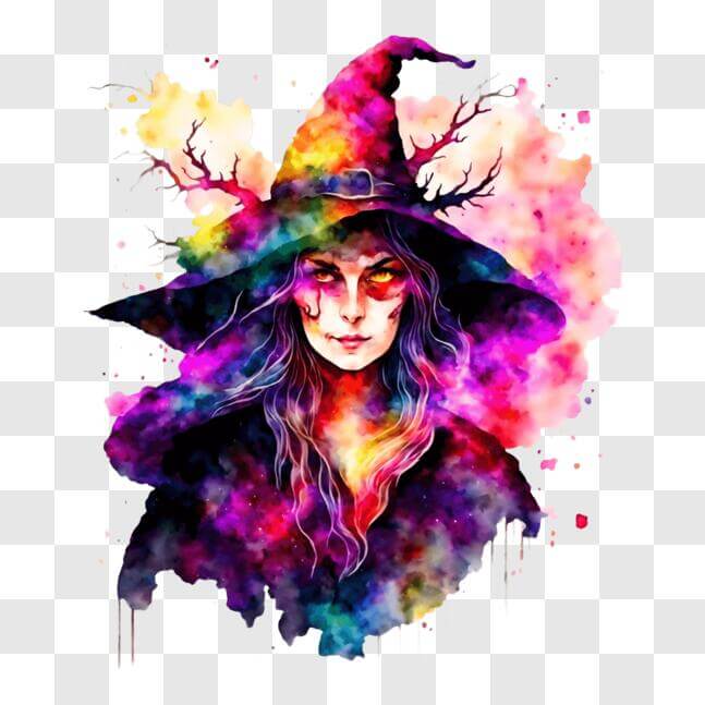 Download Colorful Watercolor Painting of Woman with Witches Hat and ...