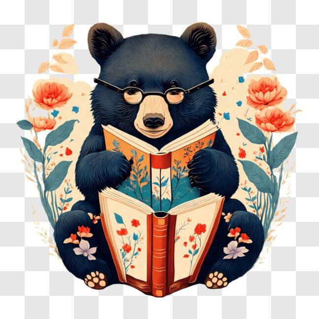 Download Black Bear Reading Books with Glasses and Flowers PNGs Online ...
