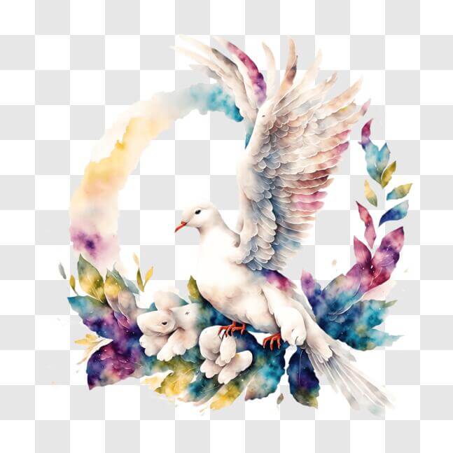 Download Symbolic White Dove Flying with Flowers and Leaves PNGs Online ...