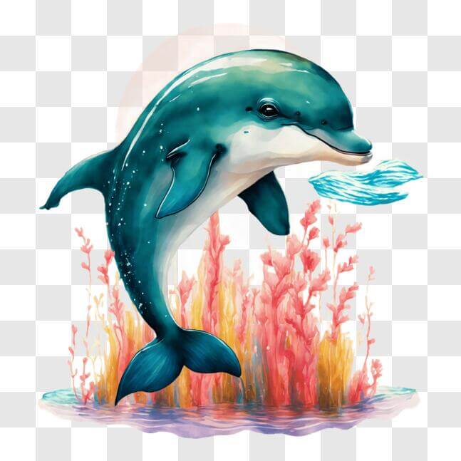 Download Dolphin Jumping in Ocean with Pink Flowers and Plants PNGs ...