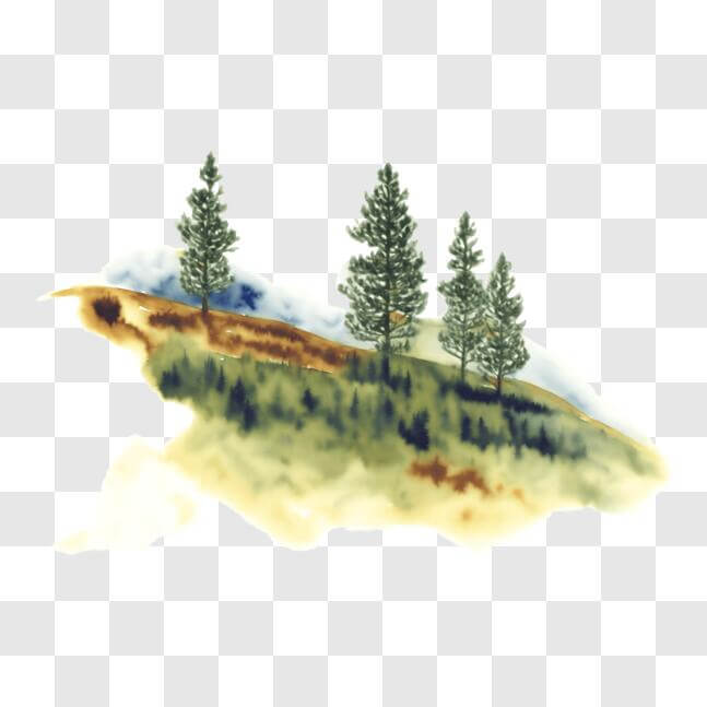Download Watercolor Painting of Pine Trees with Floating Island PNGs ...