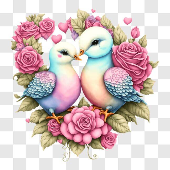 Download Two Birds Sitting in Heart-Shaped Arrangement of Pink Roses ...