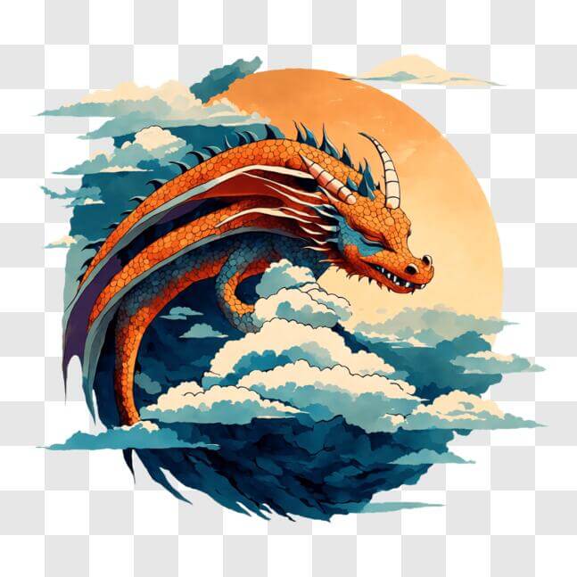 Download Orange Dragon with Crescent Moon Horns and Clouds PNGs Online ...