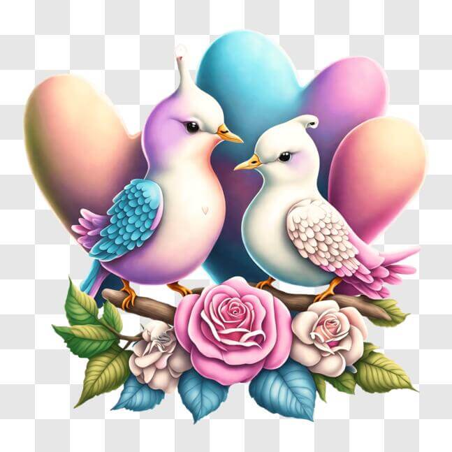 Download Romantic Birds on a Branch with Pink and Purple Roses PNGs ...