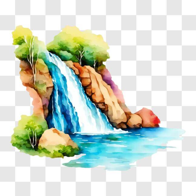 Download Watercolor waterfall with trees and rocks PNGs Online ...
