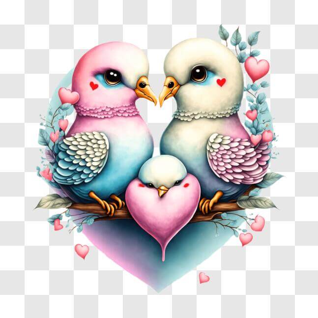 Download Three Birds on Heart-shaped Branch with Hearts PNGs Online ...