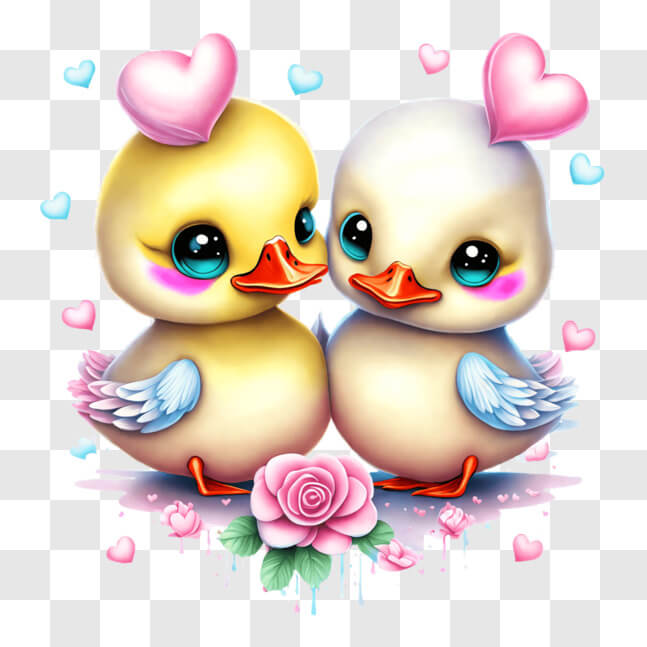 Download Two adorable ducklings in love with a heart-shaped pink flower ...