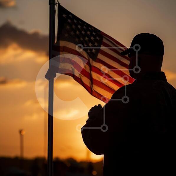 Man Paying Respect to American Flag at Sunset stock photo | Creative ...