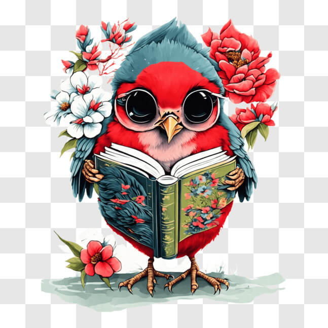 Download Red Bird Reading a Book with Glasses and Flowers PNGs Online ...