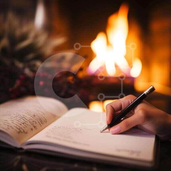 Cozy Writing Corner with a Fireplace and Notebook stock photo ...