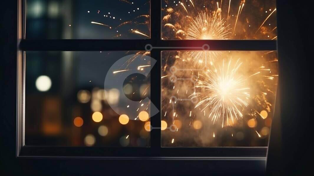 Window with Fireworks for Special Occasions stock photo | Creative Fabrica