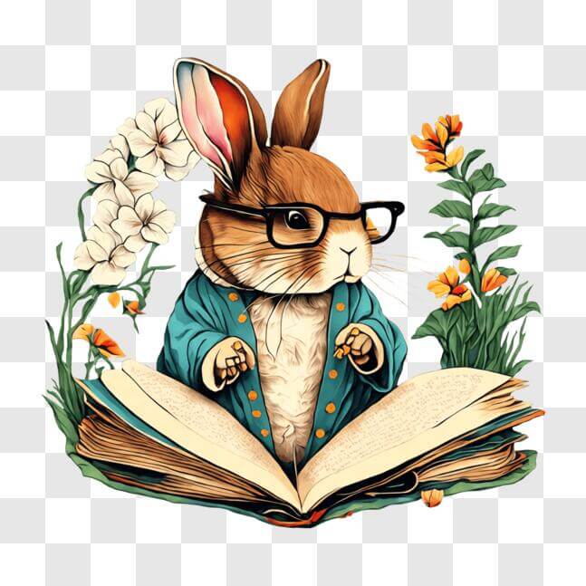 Download Cute Rabbit Reading Book with Glasses and Flowers PNG Online ...