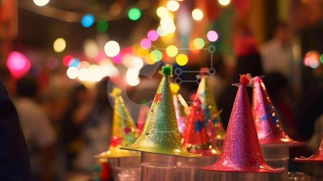 Colorful Party Hats and Glasses on Table stock photo | Creative Fabrica