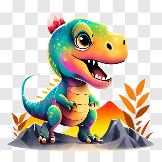 Download Colorful Cartoon Dinosaur on Rocks and Trees PNGs Online - Creative Fabrica