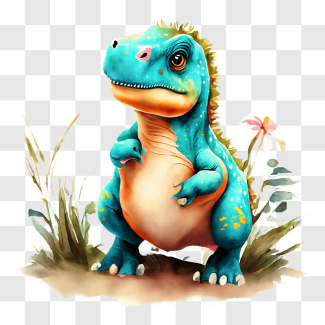 Download Blue Dinosaur in Grass with Flowers PNGs Online - Creative Fabrica