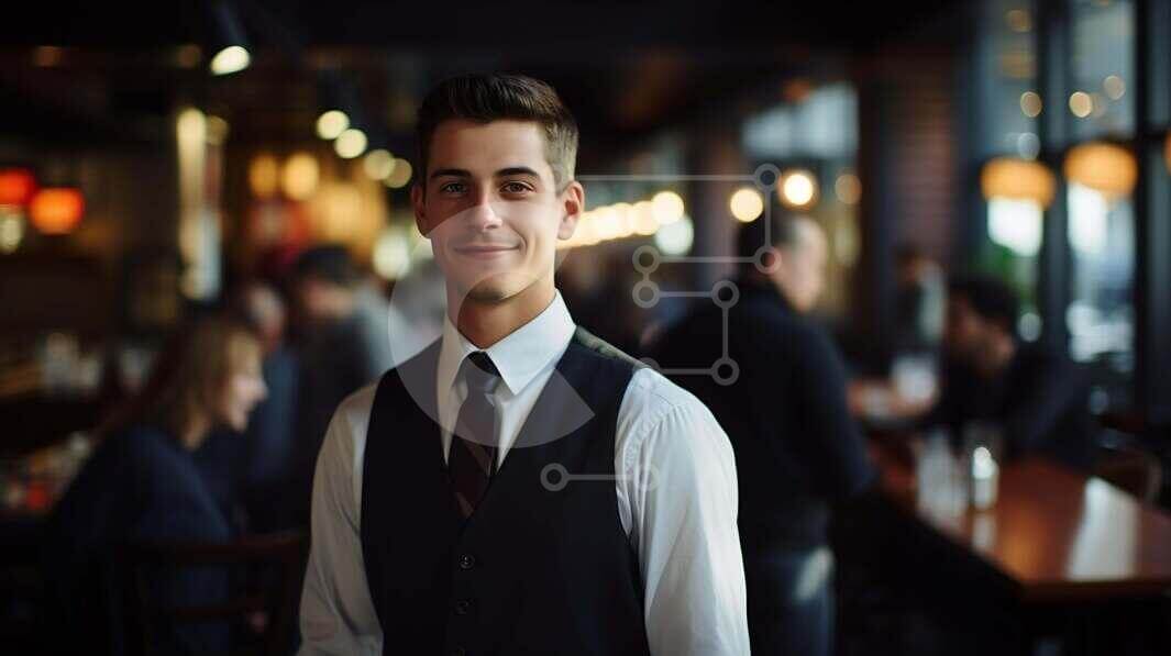Friendly Waiter in a Vibrant Restaurant Setting stock photo | Creative ...