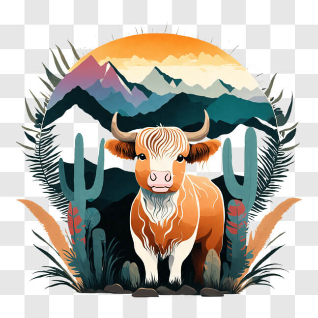 Download Cow in the Desert with Cactus Plants and Mountains PNGs Online ...