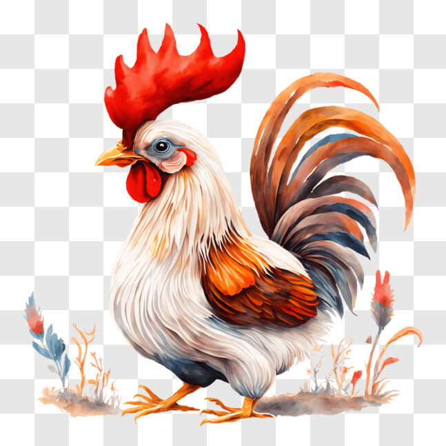 Download White and Red Rooster in Grass with Flowers PNGs Online ...