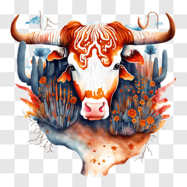Download Cow Painting with Cactus Plants and Flowers PNGs Online ...