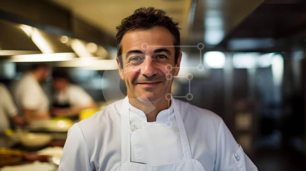 Happy Chef in an Industrial Kitchen stock photo | Creative Fabrica