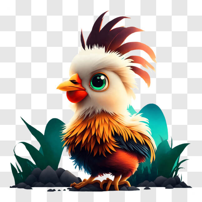 Download Colorful Cartoon Chicken Standing on Rocks and Plants PNGs ...